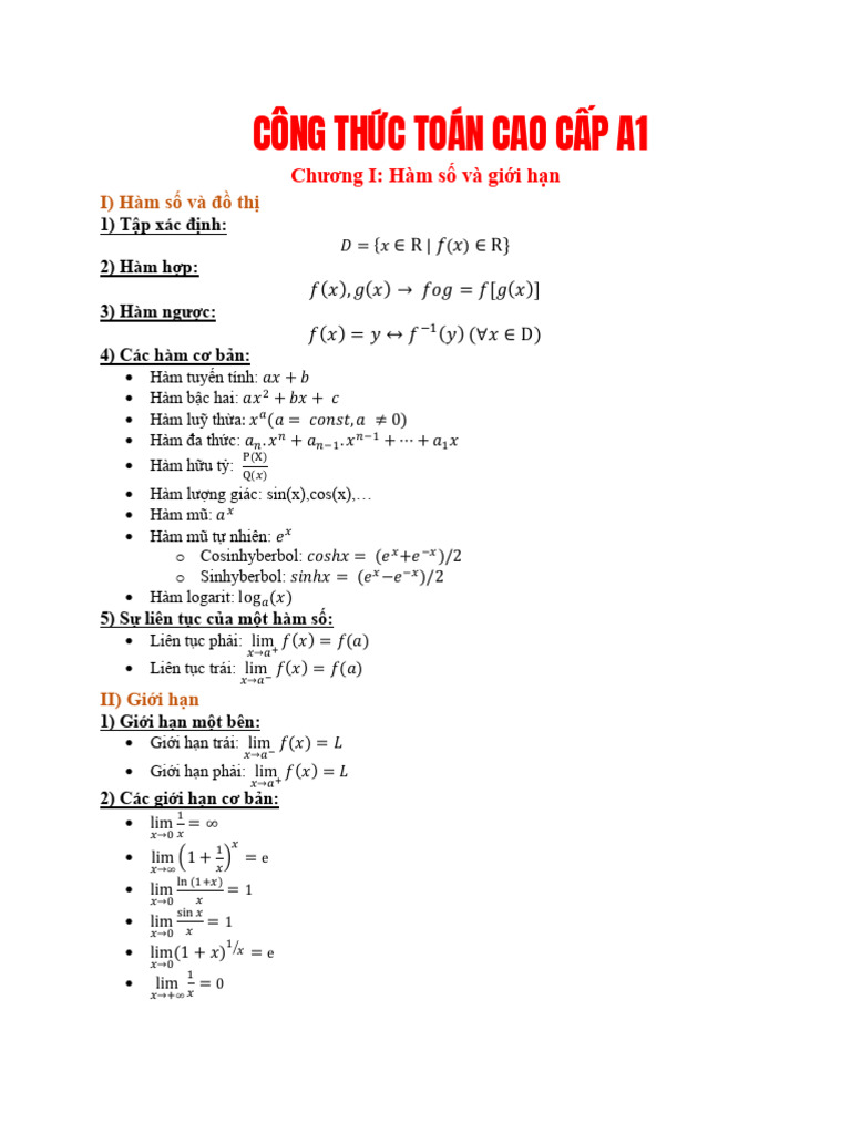 Công thức Toán cao cấp A1 | PDF