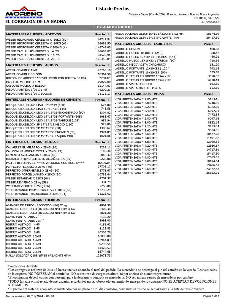 Lista de Precios El Corralon de La Gaona | PDF