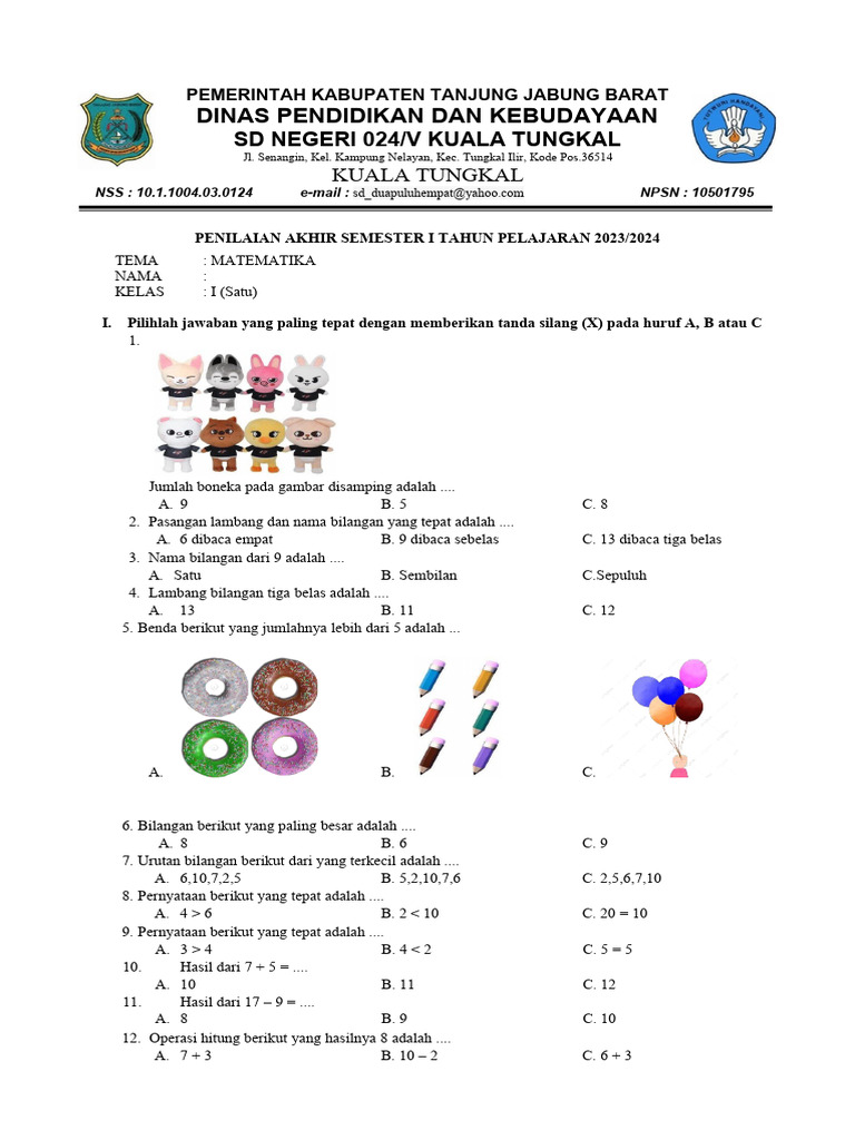 Soal MTK Kls 1 SD SMSTR 1 | PDF