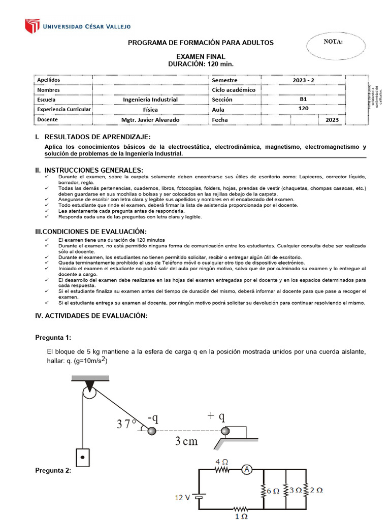 Examen FINAL Fisica 2023-II | PDF