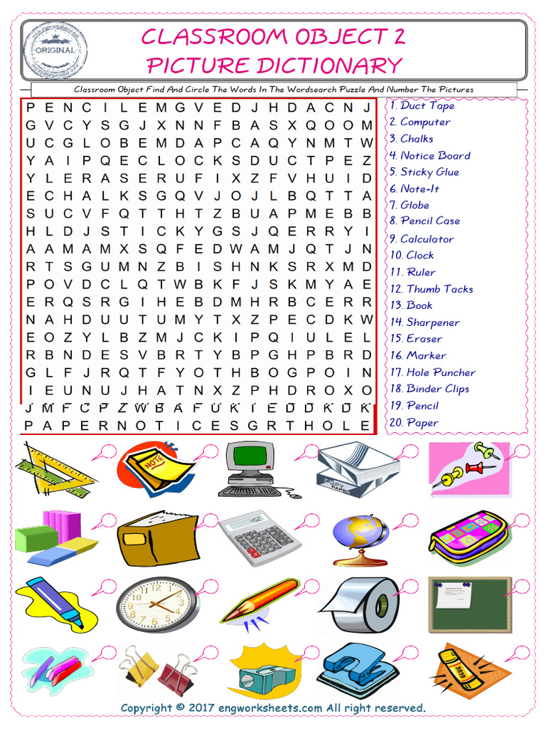 Classroom Object Find and Circle The Words in The Wordsearch Puzzle and Number The Pictures 4943 ...