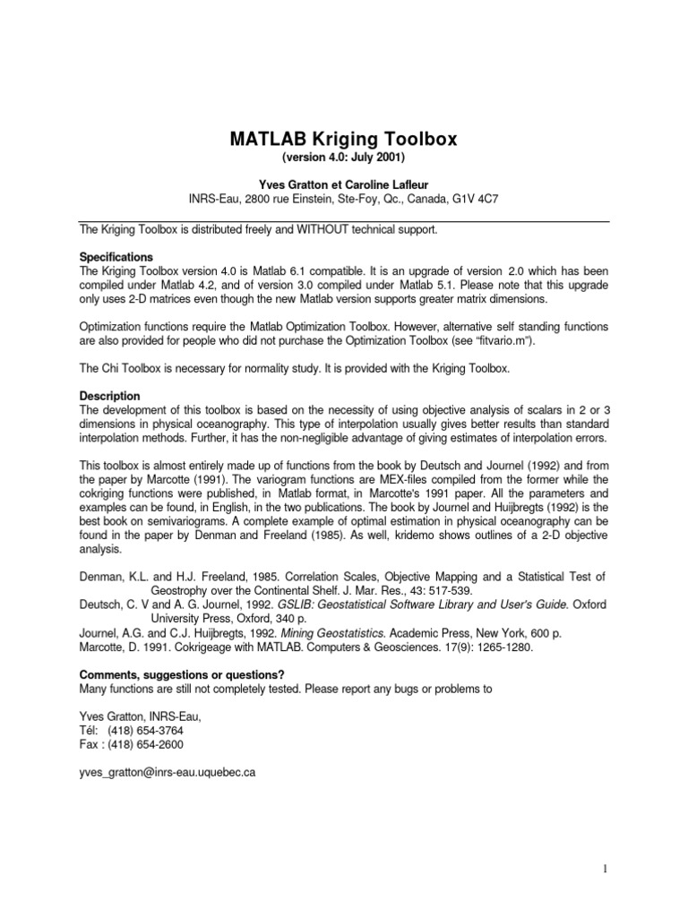MATLAB Kriging Toolbox (Version 4.0 - July 2001) | PDF