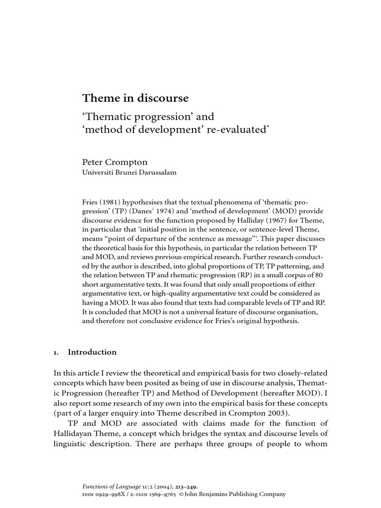 Theme in Discourse: Thematic Progression' and Method of Development' Re ...