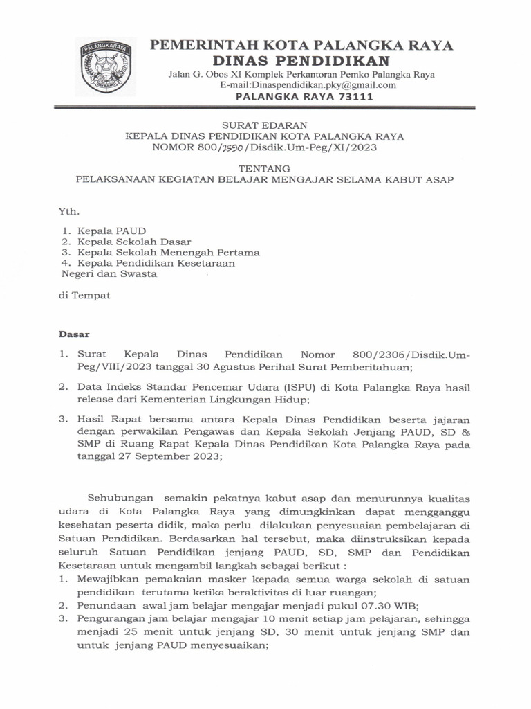 Surat Edaran Kadisdik Kota Palangka Raya | PDF Surat Edaran Kadisdik Kota Palangka Raya | PDF
