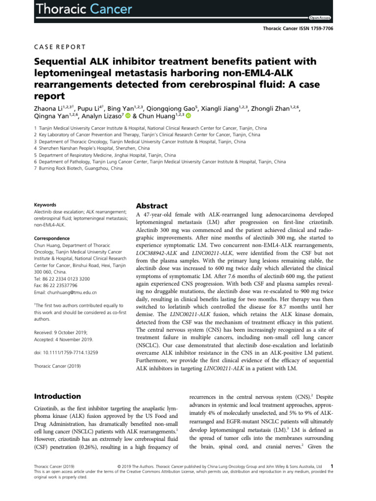 Sequential ALK Inhibitor Treatment Bene Ts Patient With Leptomeningeal ...