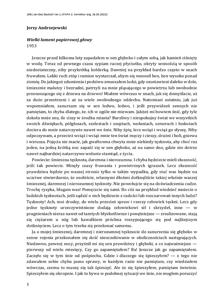 Jerzy Andrzejewski Lament Polski | PDF