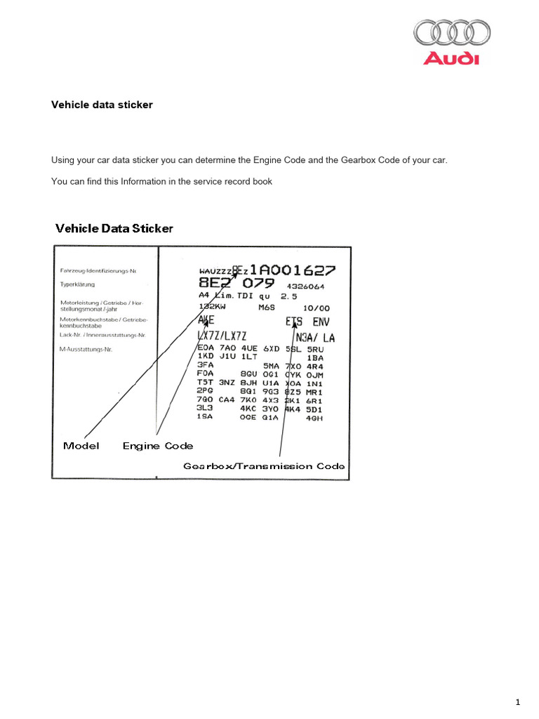 Vehicle Data Sticker: Engine & Gearbox Codes | PDF