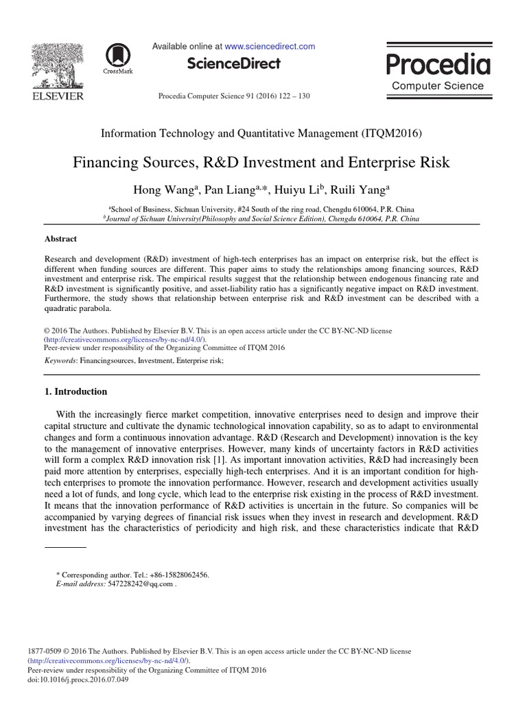 Financing Sources, R - D Investment and Enterprise Risk | PDF | Research And Development | Debt