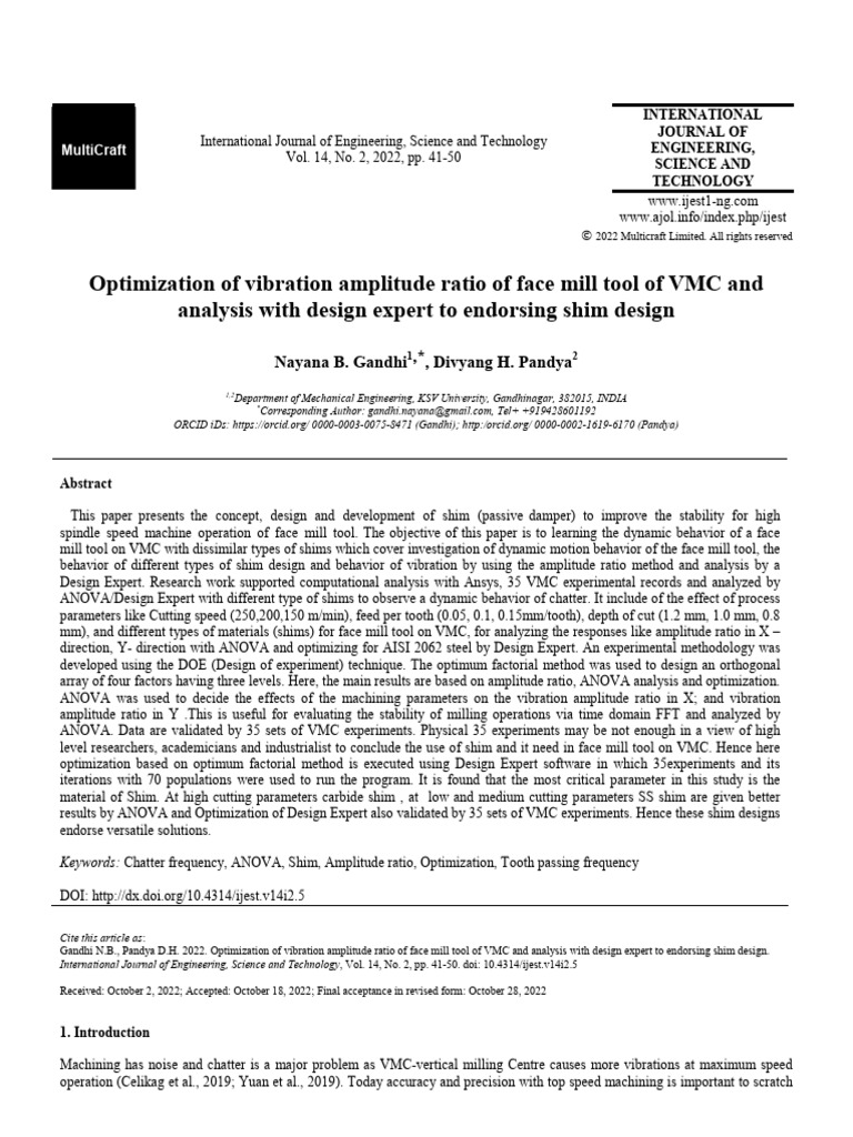 Optimization of Vibration Amplitude Ratio of Face Mill Tool of VMC and ... Optimization of Vibration Amplitude Ratio of Face Mill Tool of VMC and ...