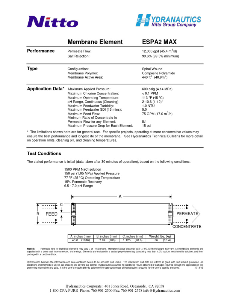 Hydranautics ESPA2-Max RO Membrane Spec Sheet | PDF
