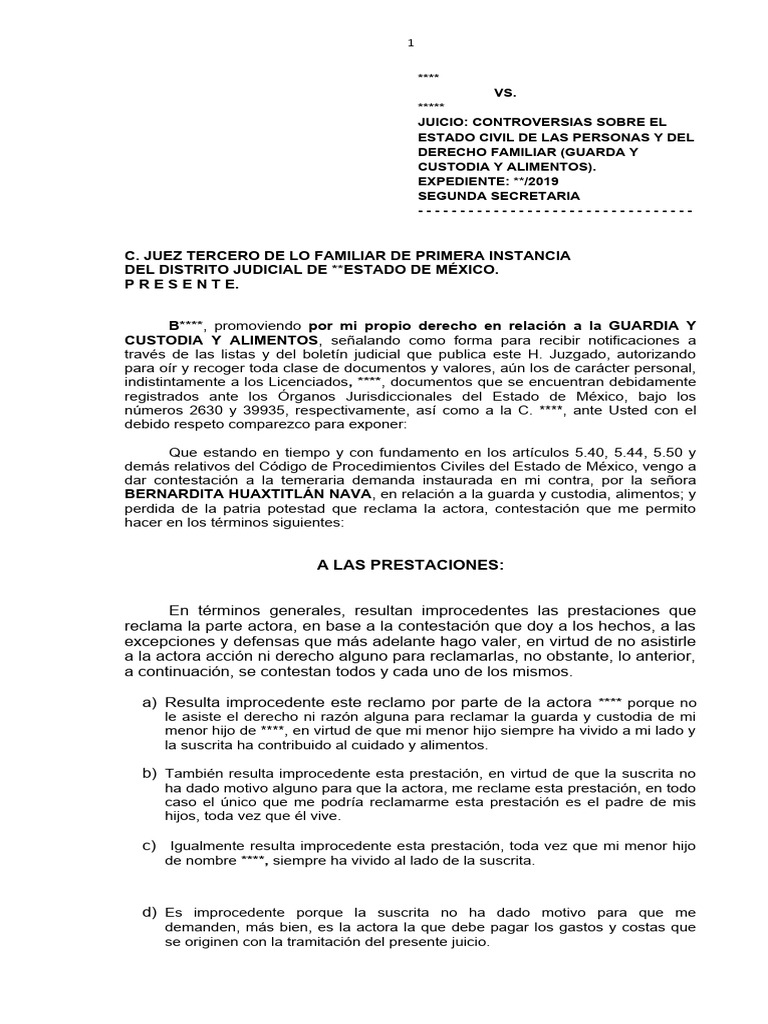 Contestacion Demanda Guarda y Custodia, Alimentos | PDF