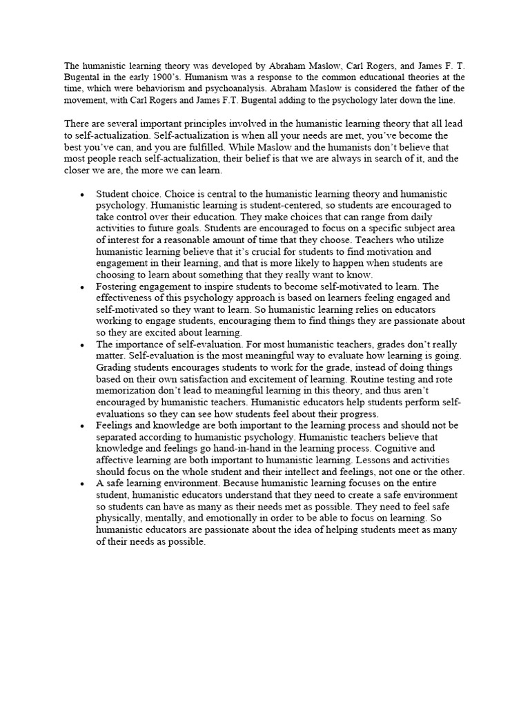 The Humanistic Learning Theory Was Developed by Abraham Maslow | PDF | Humanistic Psychology ...