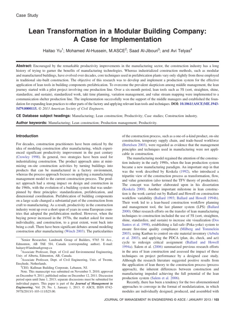 Lean Transformation in A Modular Building Company: A Case For ...