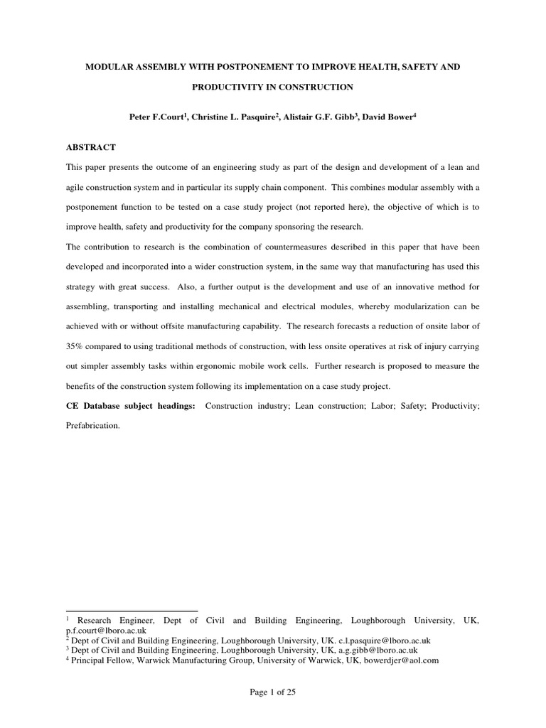 Modular Assembly With Postponement To Improve Health, Safety and ...