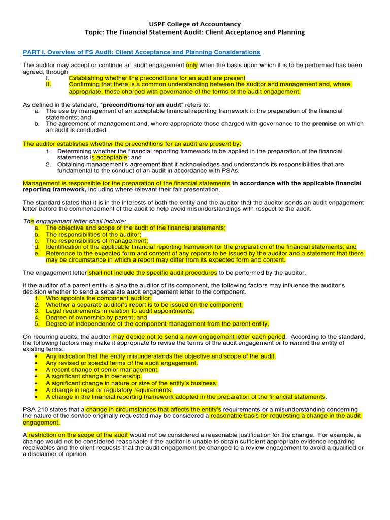 Lecture Notes - Overview of FS Audit - Client Acceptance and Planning ... Lecture Notes - Overview of FS Audit - Client Acceptance and Planning ...