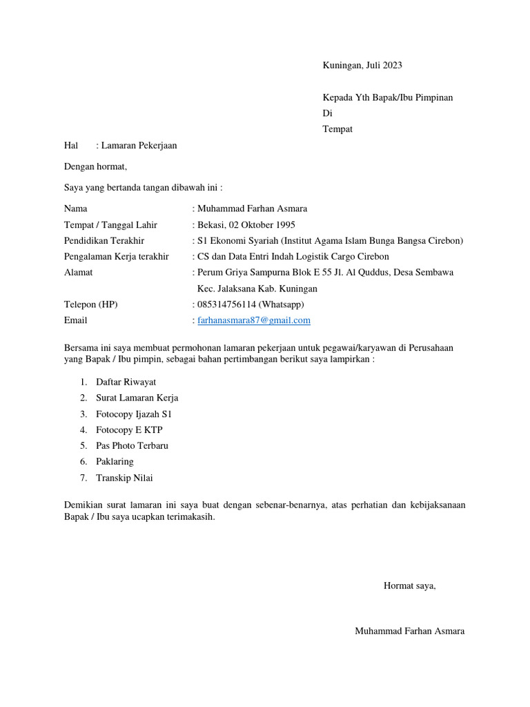 Surat Lamaran Farhan Asmara | PDF