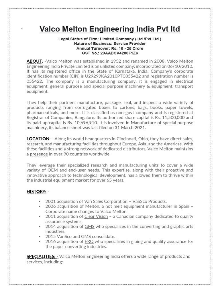 Valco Melton Engineering India PVT LTD | PDF | Business | Finance ...
