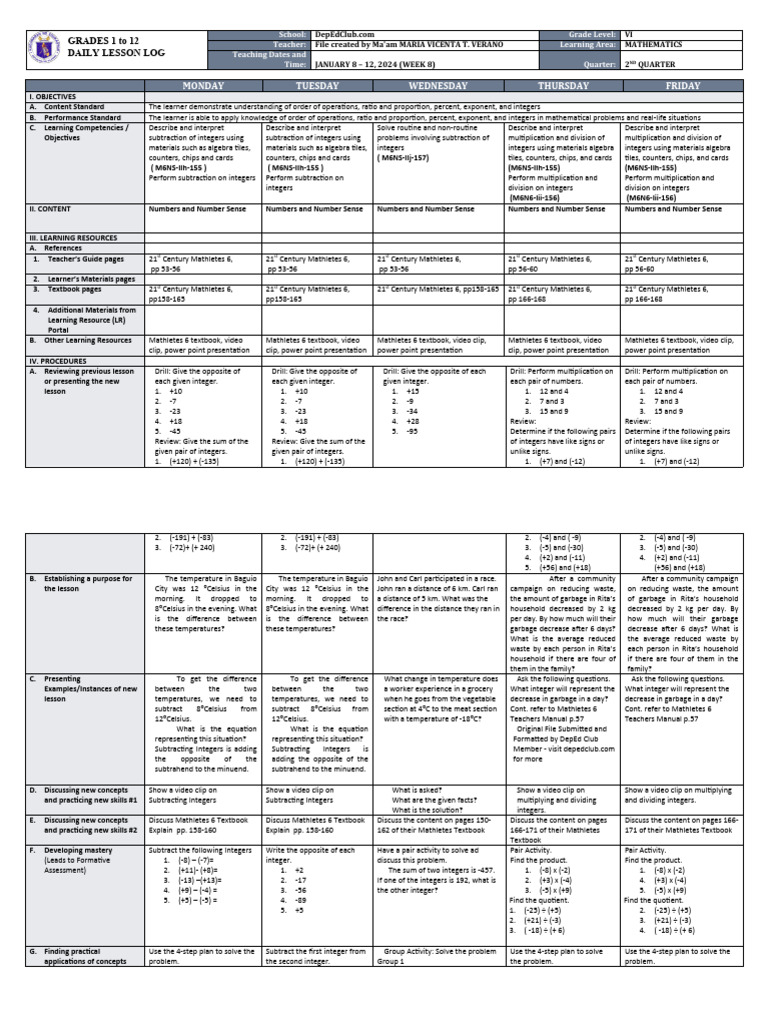 DLL - Mathematics 6 - Q2 - W8 | PDF