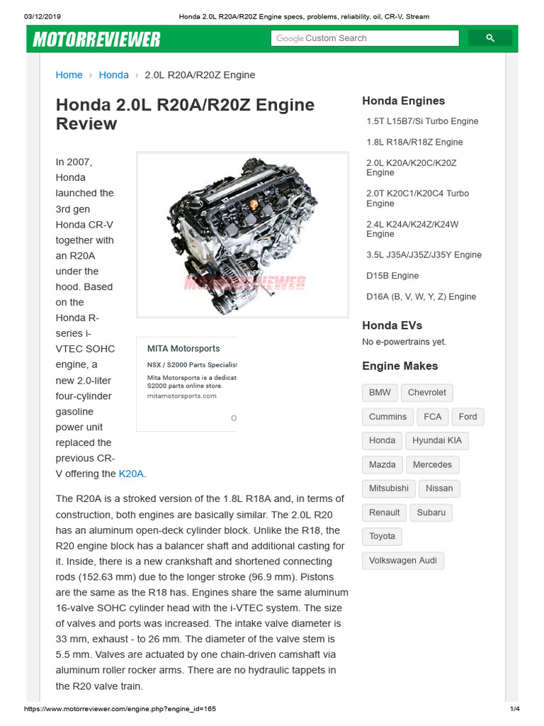 Honda 2.0L R20A-R20Z Engine Specs, Problems, Reliability | PDF | Technology & Engineering