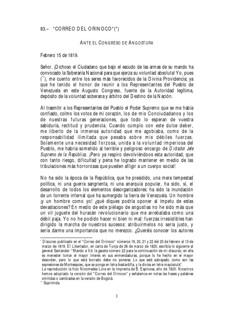 Discurso de Libertad en Angostura 1819 | PDF | República | Democracia