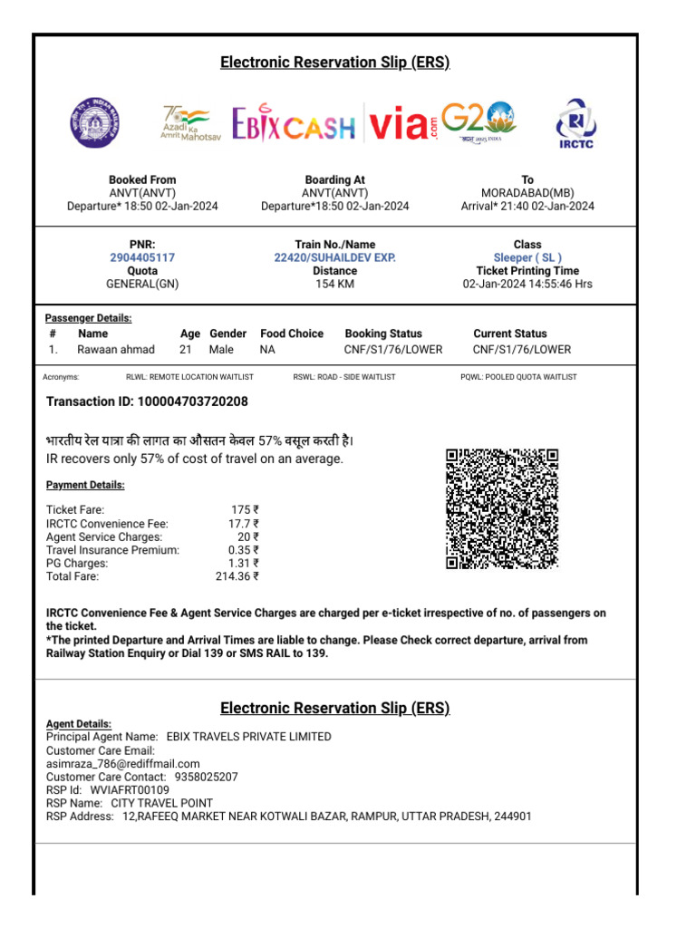 Electronic Reservation Slip (ERS) : 2904405117 22420/SUHAILDEV EXP. Sleeper (SL) | PDF