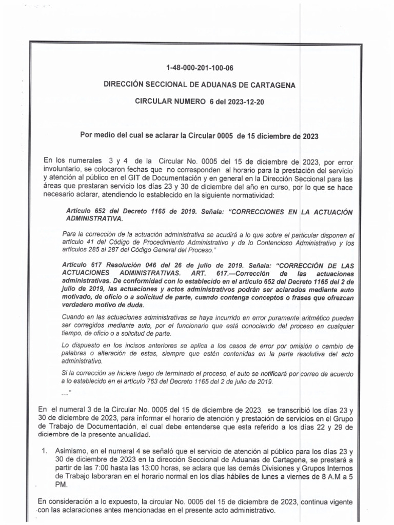 Circular 006 Horario de Navidad y Año Nuevo | PDF