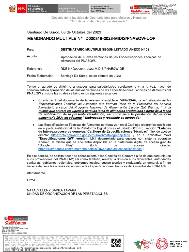 MEMORANDO MULTIPLE-000319-2023-UOP-espec Tecnicas | PDF