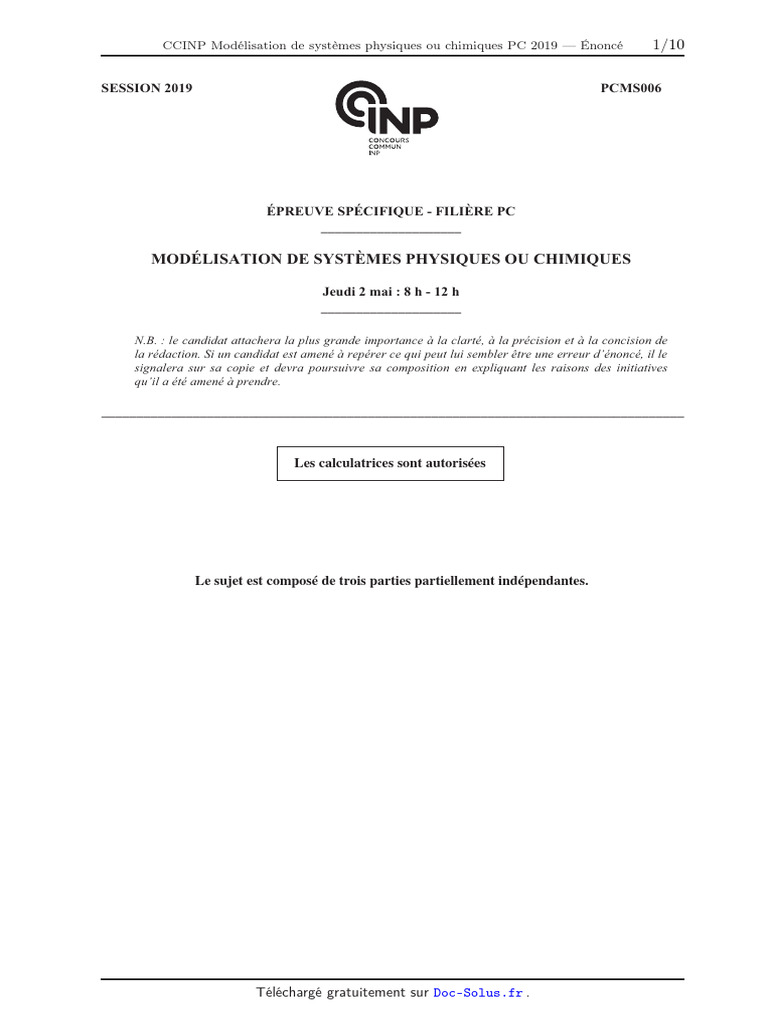 PC PHYSIQUE CCP 2 2019.enonce | PDF