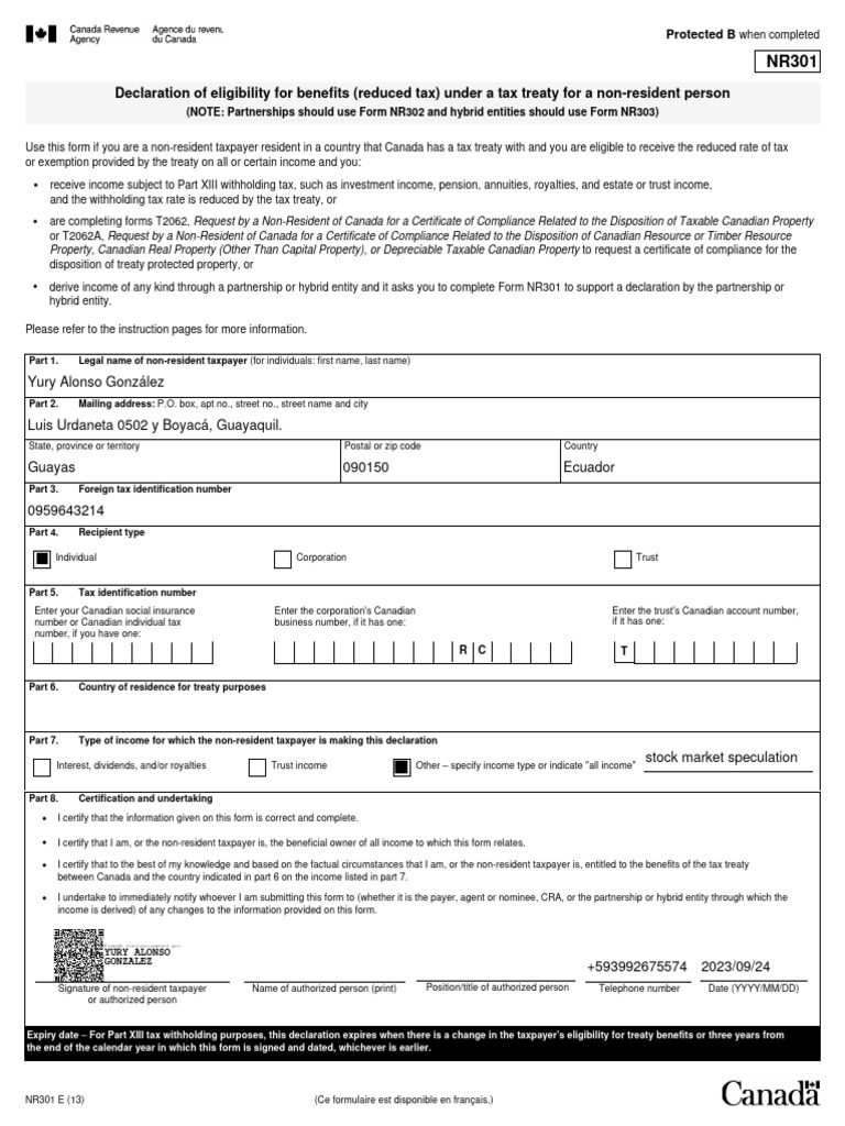 NR301 Tax Treaty Benefits Declaration | PDF