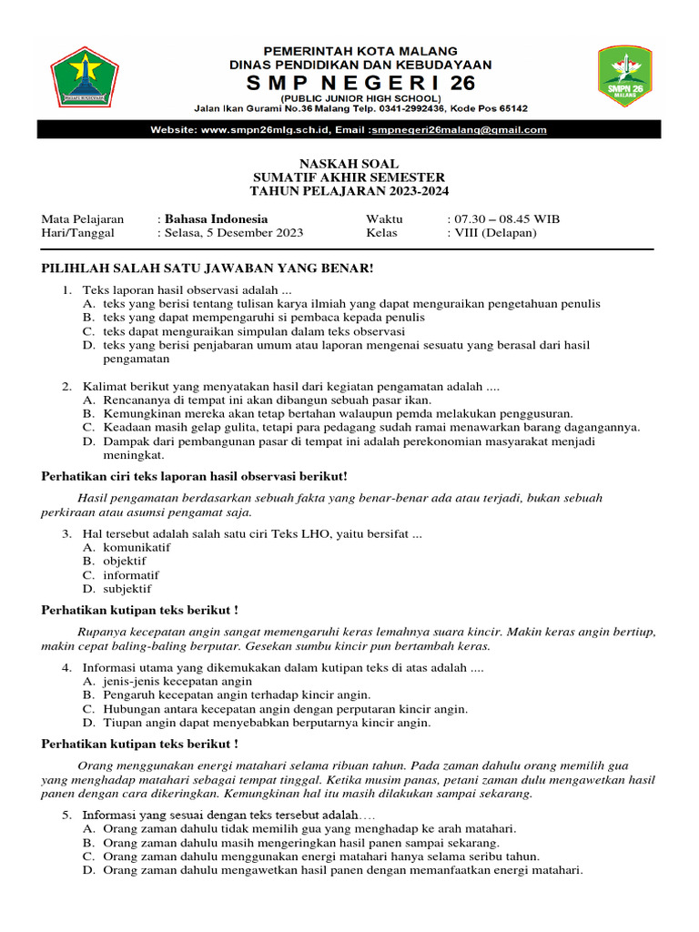 Naskah Soal Sas 2023 Ganjil | PDF