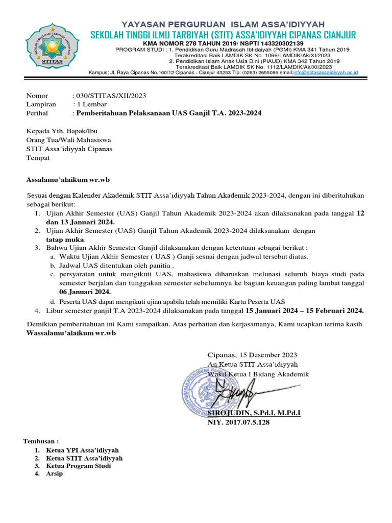 Surat Uas Genap 2223 Mahasiswa | PDF