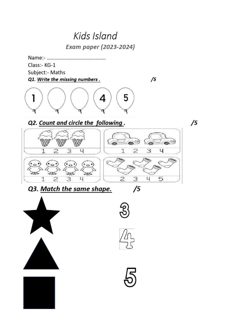 KG-1 Maths Exam Paper 2023-2024 | PDF
