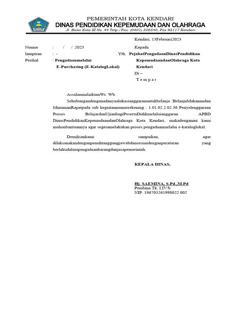 Permohonan Pengadaan Melalui E Purchasing E Katalog Pdf