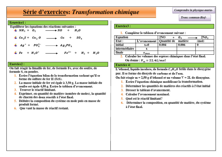 Série D'exercices Transformations Chimiques | PDF | Méthodes et références pédagogiques