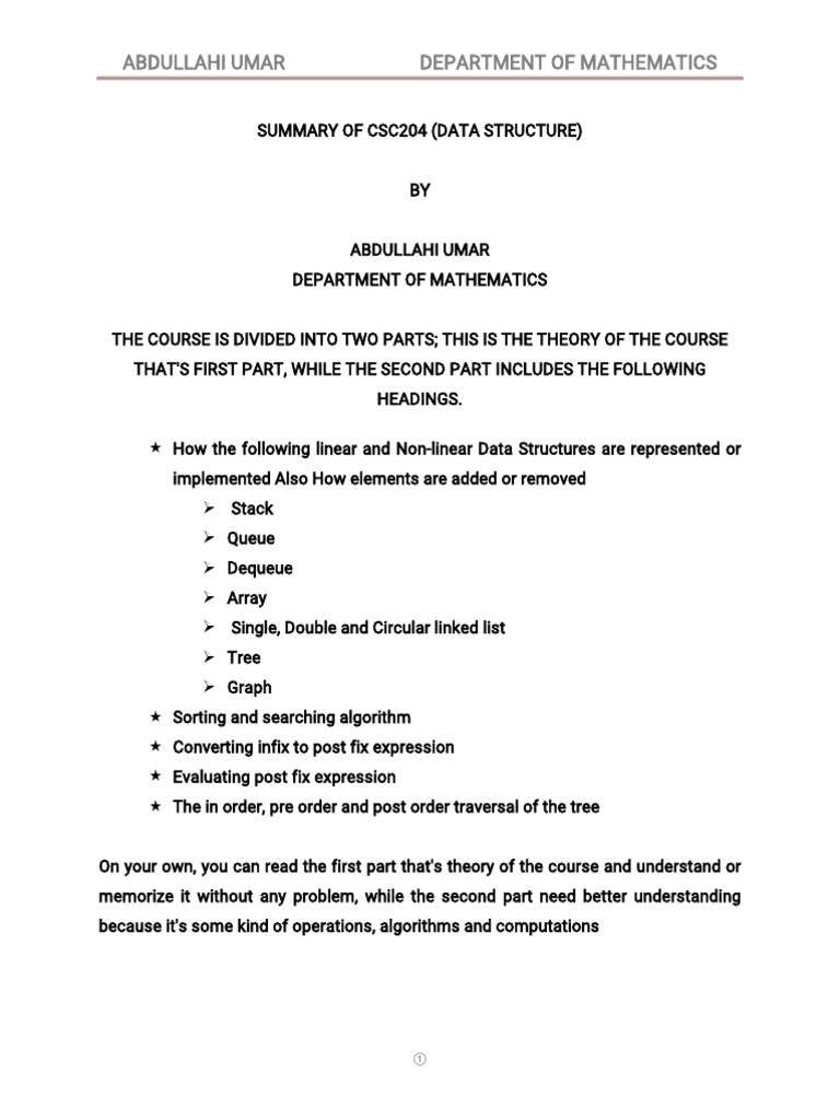 Summary of CSC204 (Data Structure) | PDF