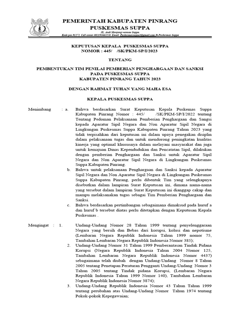 Tim Penilai Penghargaan Puskesmas Suppa | PDF | Pengelolaan Keuangan & Uang