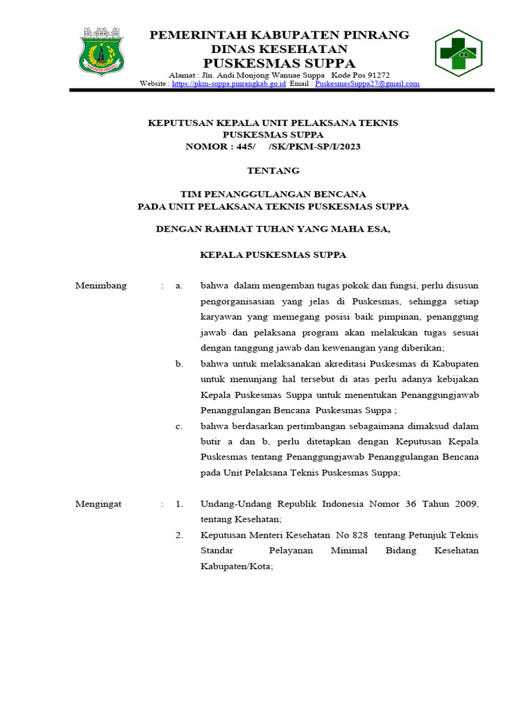 Tim Penanggulangan Bencana Puskesmas Suppa | PDF