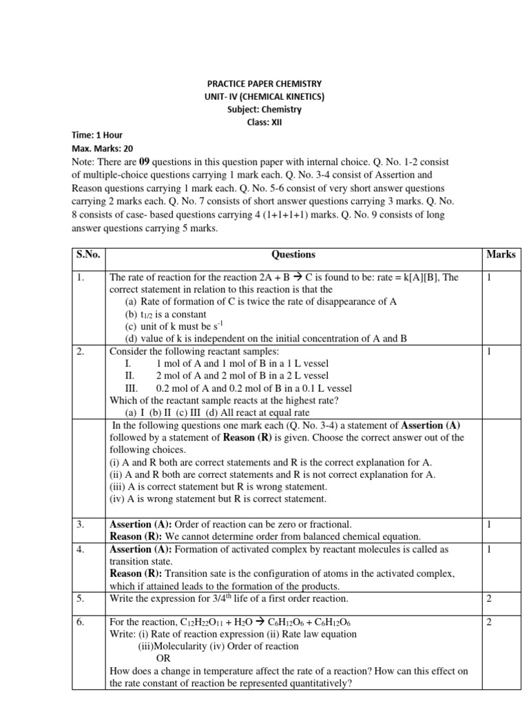 Chemistry Practice Paper: Kinetics Unit | PDF