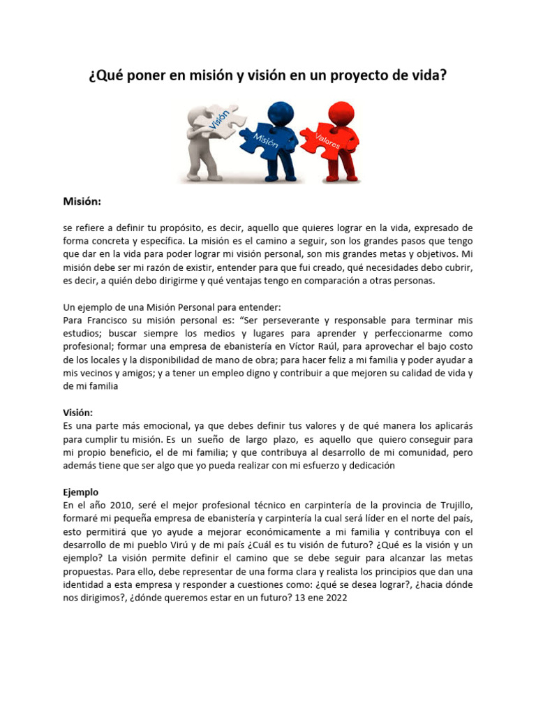 Qué Poner En Misión Y Visión En Un Proyecto De Vida Pdf