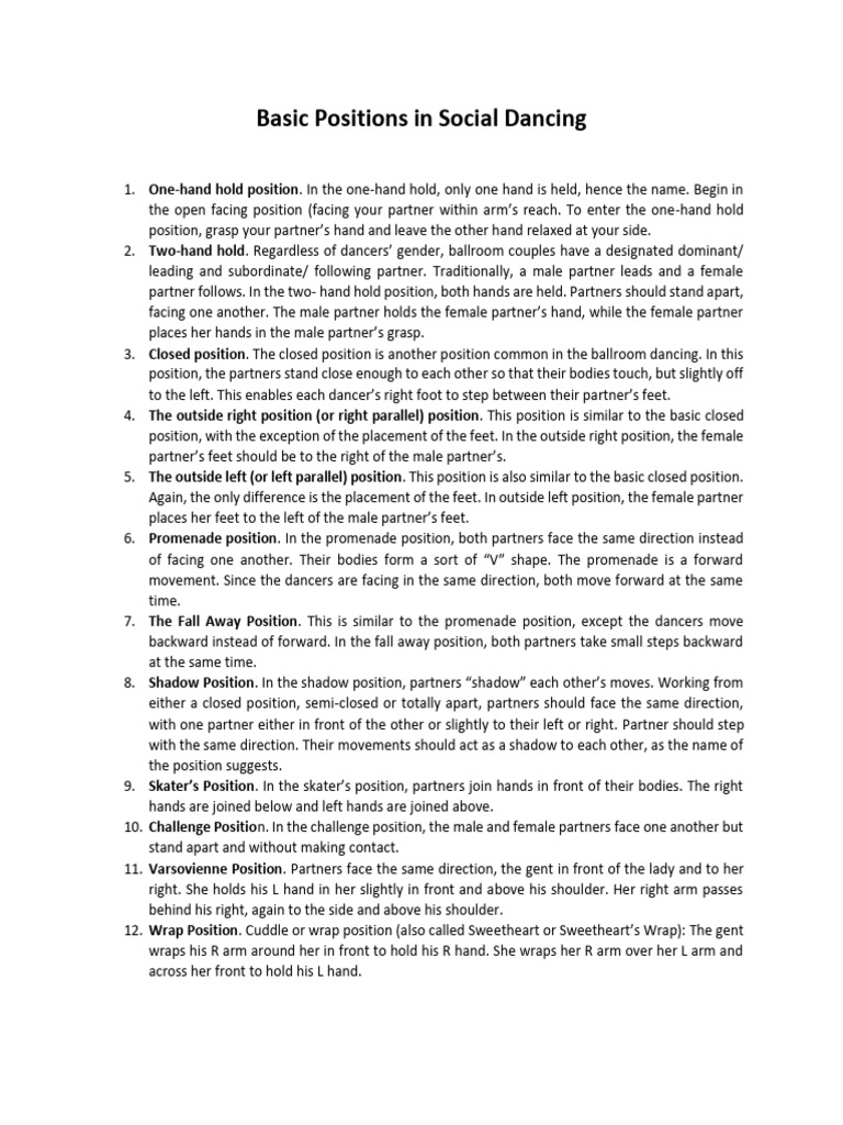 Basic Positions in Social Dancing | PDF | Entertainment | Ballroom Dance