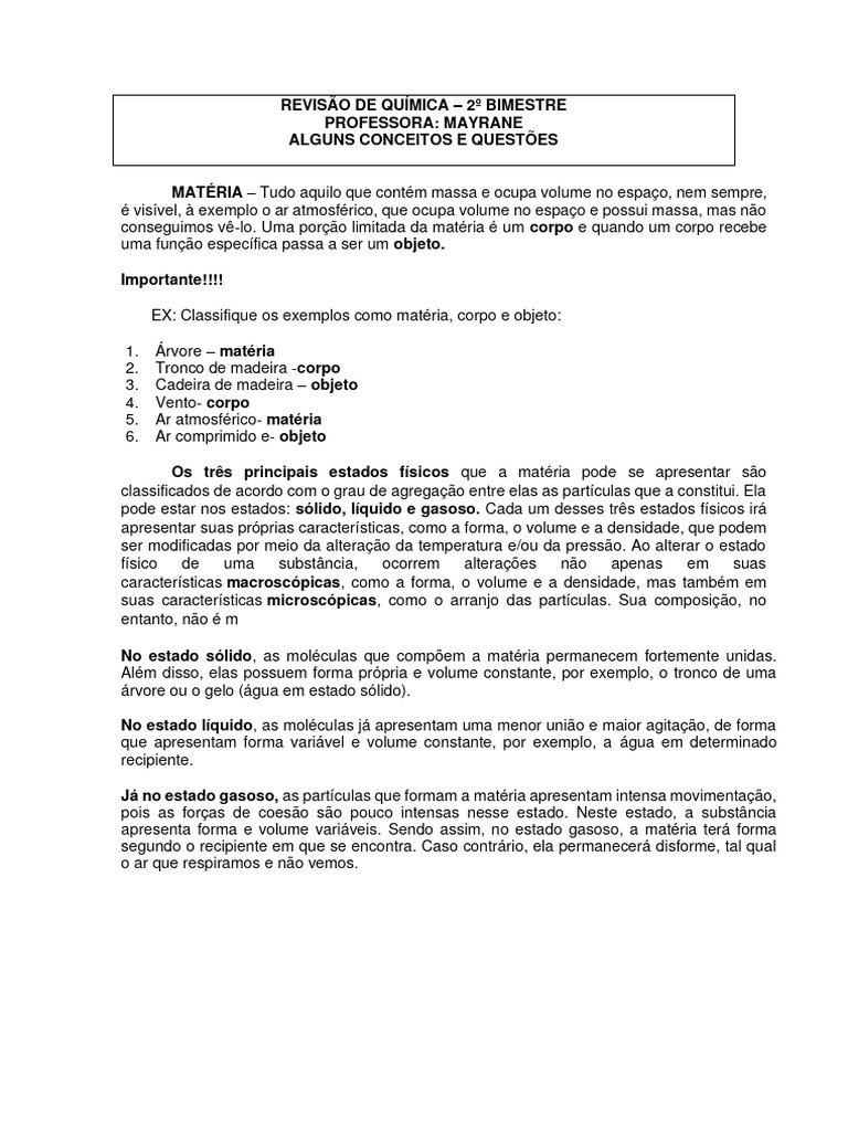 Revisão De Química 1º Ano Pdf Mistura Substancias Químicas
