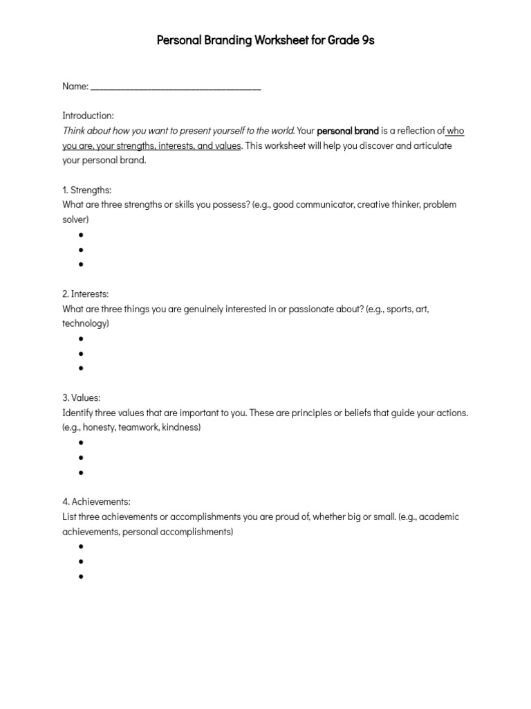 Personal Branding Worksheet Grade 9 | PDF