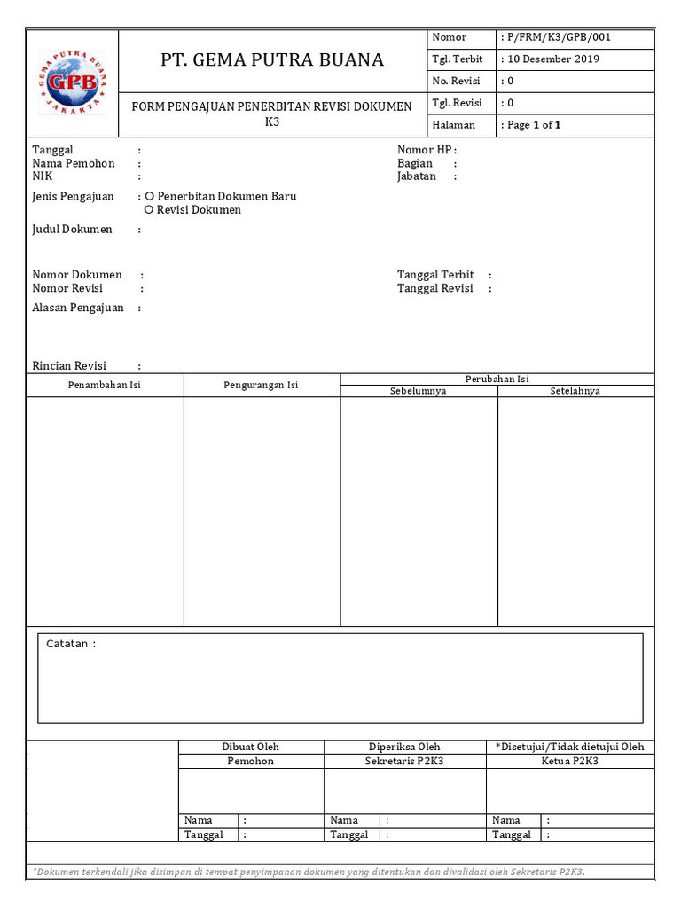 Form Pengajuan Penerbitan-Revisi Dokumen K3 | PDF