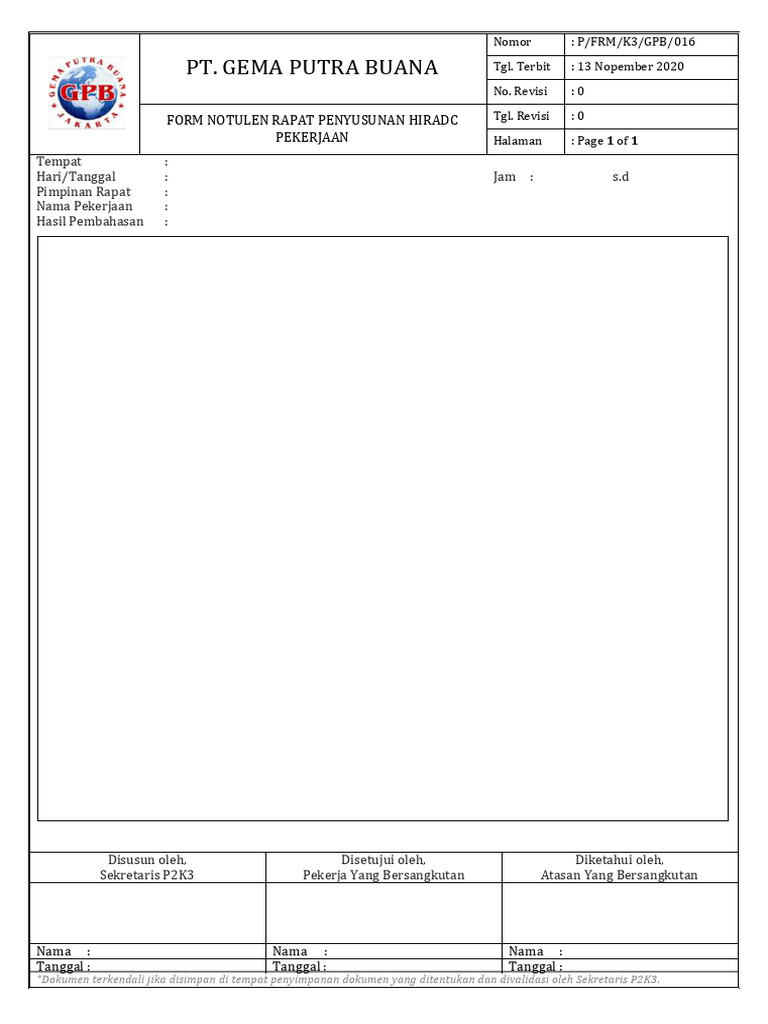 Form Notulen Rapat Penyusunan HIRADC | PDF