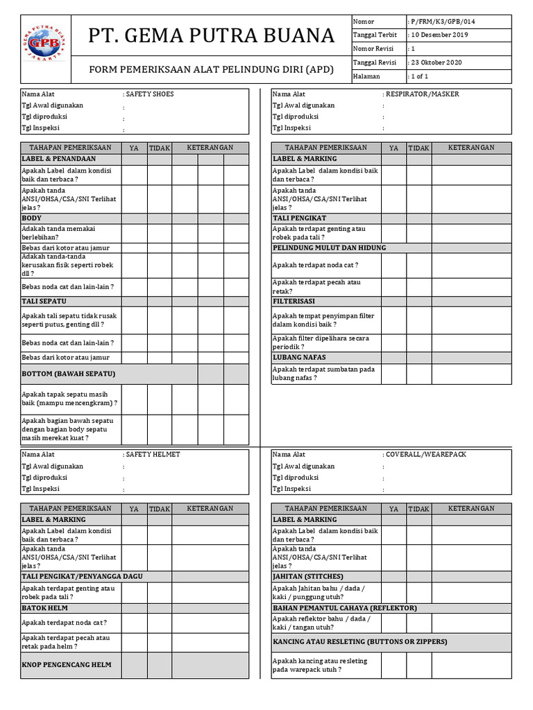 Form Pemeriksaan APD | PDF