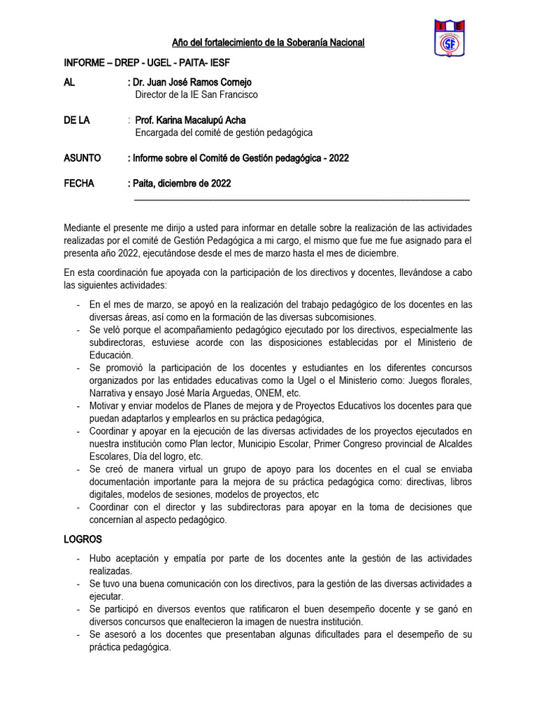 Informe sobre Gestión Pedagógica 2022 | PDF