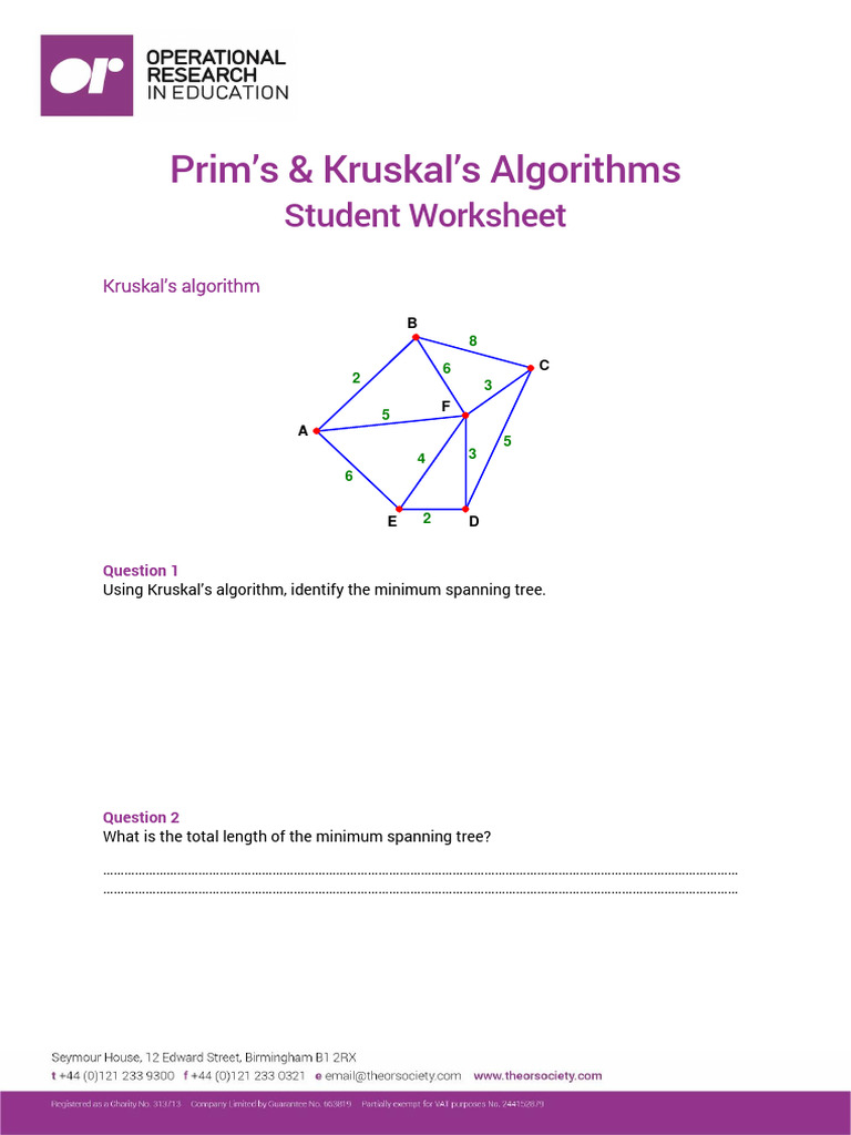 OR in Education - Prim's and Kruskal's Algorithm Student Worksheet | PDF OR in Education - Prim's and Kruskal's Algorithm Student Worksheet | PDF