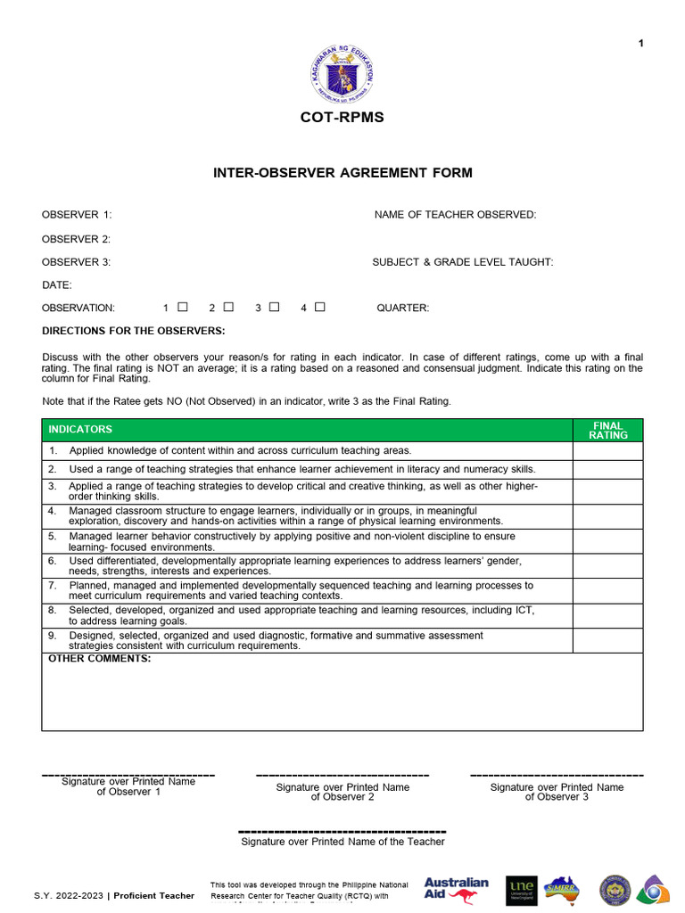 Appendix C 09 COT RPMS Inter Observer Agreement Form For T I III For SY ...