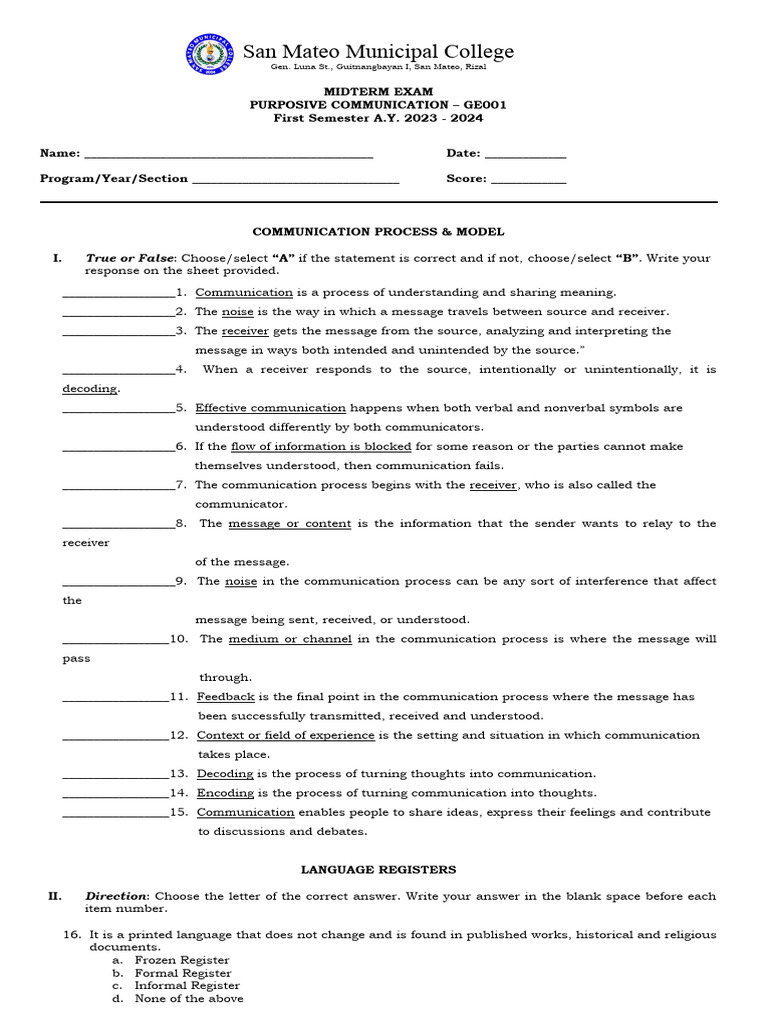 Purposive Communication Midterm Exam | PDF