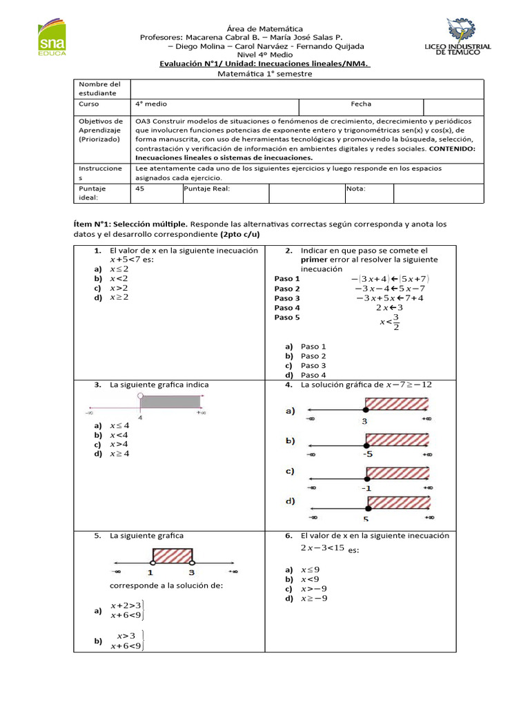 Evaluación N°1_Inecuciones_lineales | PDF | Aprendizaje